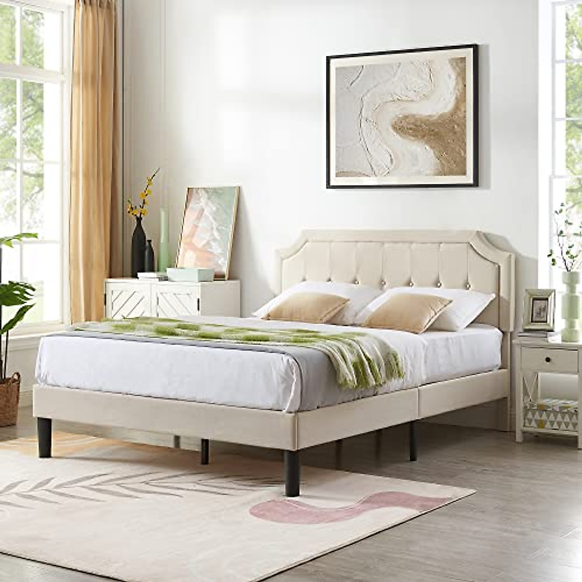 VECELO Upholstered Platform Bed Frame with Adjustable Headboard, Wooden Slats Support, No Box Spring Needed, Modern Style, Queen Size