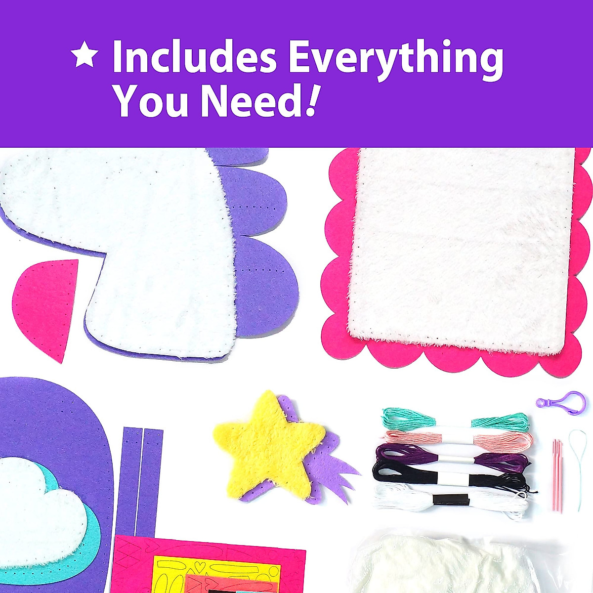 KRAFUN My First Unicorn Kids Sewing kit, Beginner Arts & Crafts, Make 5 Cute Projects with Plush Stuffed Animal, Pillow, Mobile, Keyring and Bag, Instructions & Felt for Learn Sewing, Embroidery