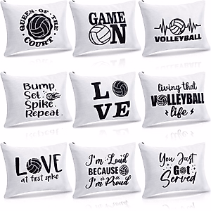 9 Pieces Volleyball Makeup Bags Canvas Cosmetic Bags with Words Volleyball Makeup Case Portable Travel Storage Case Volleyball Pouch Toiletry Bag with Zipper for Women Players Teams(White Base)