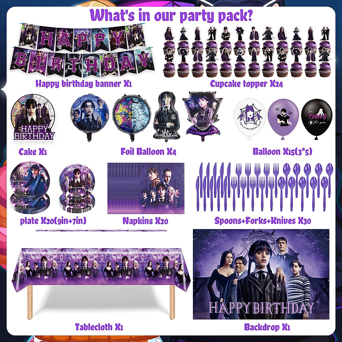 Wednesday Inspire Birthday Party Decorations, Wednesday Inspire Party Supplies Set Include Banner, Backdrop, Foil Latex Balloons, Tablecloth, Cake Toppers, Tableware, Wednesday Inspire Party Favors
