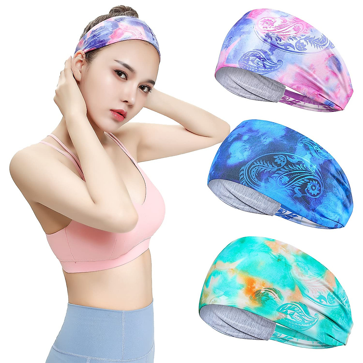 KeeLeePee Yoga Headbands for Women, Workout Non Slip Wide Headband Elastic Soft Head Sweat Bands for Fitness Sport Yoga Running Cycling Hiking Headscarf (Blue)