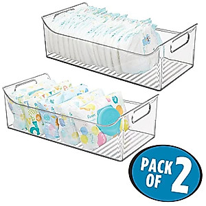 mDesign Portable Nursery Storage Plastic Baby Organizer Storage Caddy Bin w/Handles for Kids/Child Essentials - Holds Diapers, Wipes, Bottles, Baby Food - 16" Long - Ligne Collection - 2 Pack - Clear