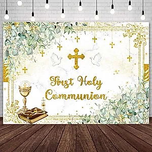 AIBIIN 7x5ft Greenery Baptism Backdrop First Holy Communion Christening Party Decorations Gold Eucalyptus God Bless Mi Bautizo Party Banner Photo Studio Props