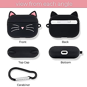 YONOCOSTA Cute Airpods Pro Case, Black Whisker Cat Kitty Funny 3D Cartoon Animals Full Protection Shockproof Soft Silicone Charging Case Cover Skin with Carabiner for Kids Girls Women Children