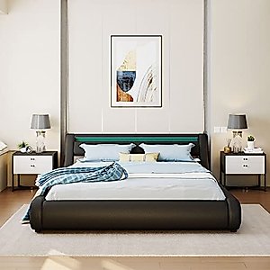 KELRIA Queen Size Lift Storage Bed with LED Headboard, Platform Bed with Gas Lift Up Storage, Faux Leather Upholstered Bed Frame w/Wood Slat Support for Bedroom, Kids Room, Guest Room,Gray