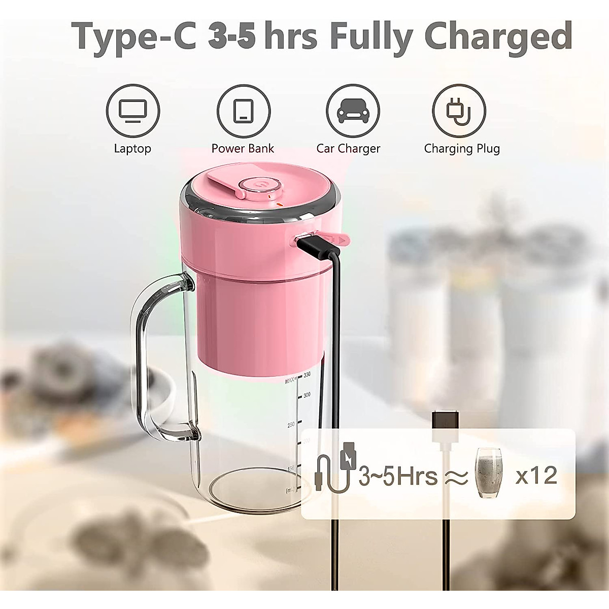 Portable Mini Blender for Shakes and Smoothies,12oz Personal Blender with Rechargeable USB, Made with BPA-Free Material Portable Juicer, 10 Blades (Pink)