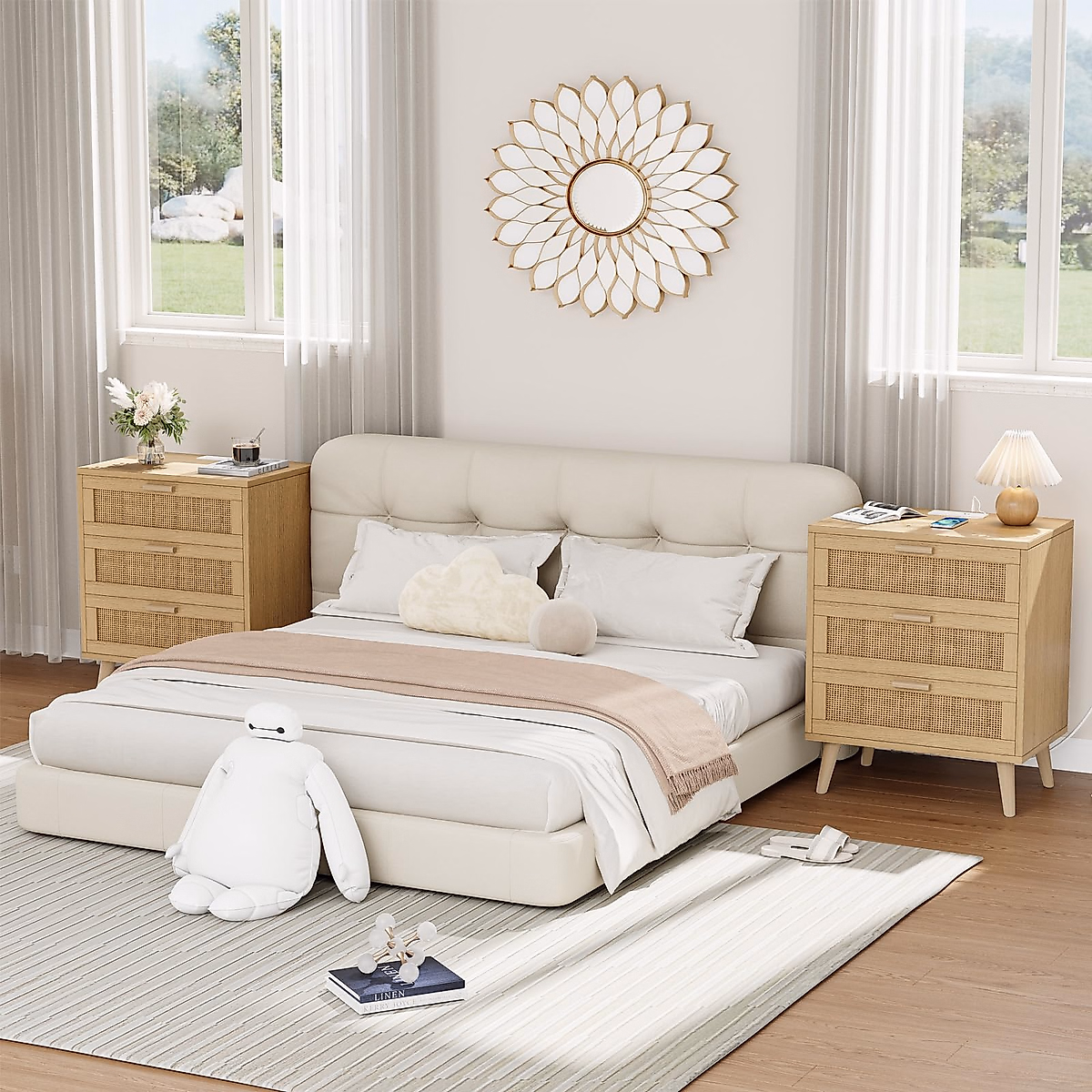 Rovaurx Rattan Nightstand with Charging Station, Night Stand with 3 Drawers, 23.6" W Bedside End Table for Bedroom, Side Table with Solid Wood Legs, Boho Style, Natural RCTG110ME