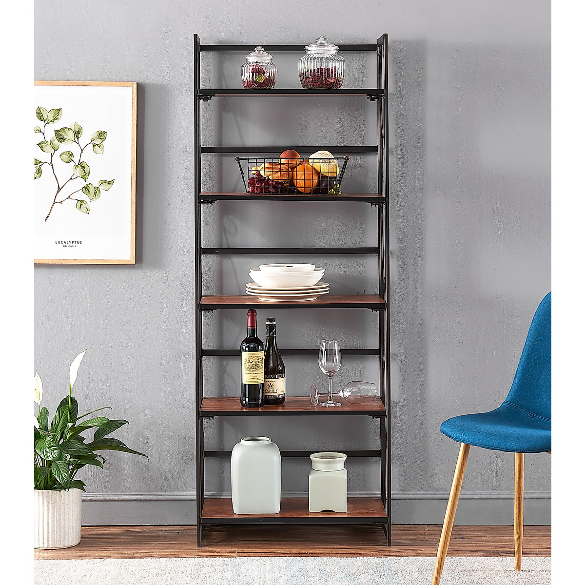 VECELO Bookshelf No Assembly, 5 Shelf Folding Bookcase, Book Shelves Organizer for Living Room, Bedroom, Kitchen, Office, Industrial Metal Frame, Walut, 1 Set