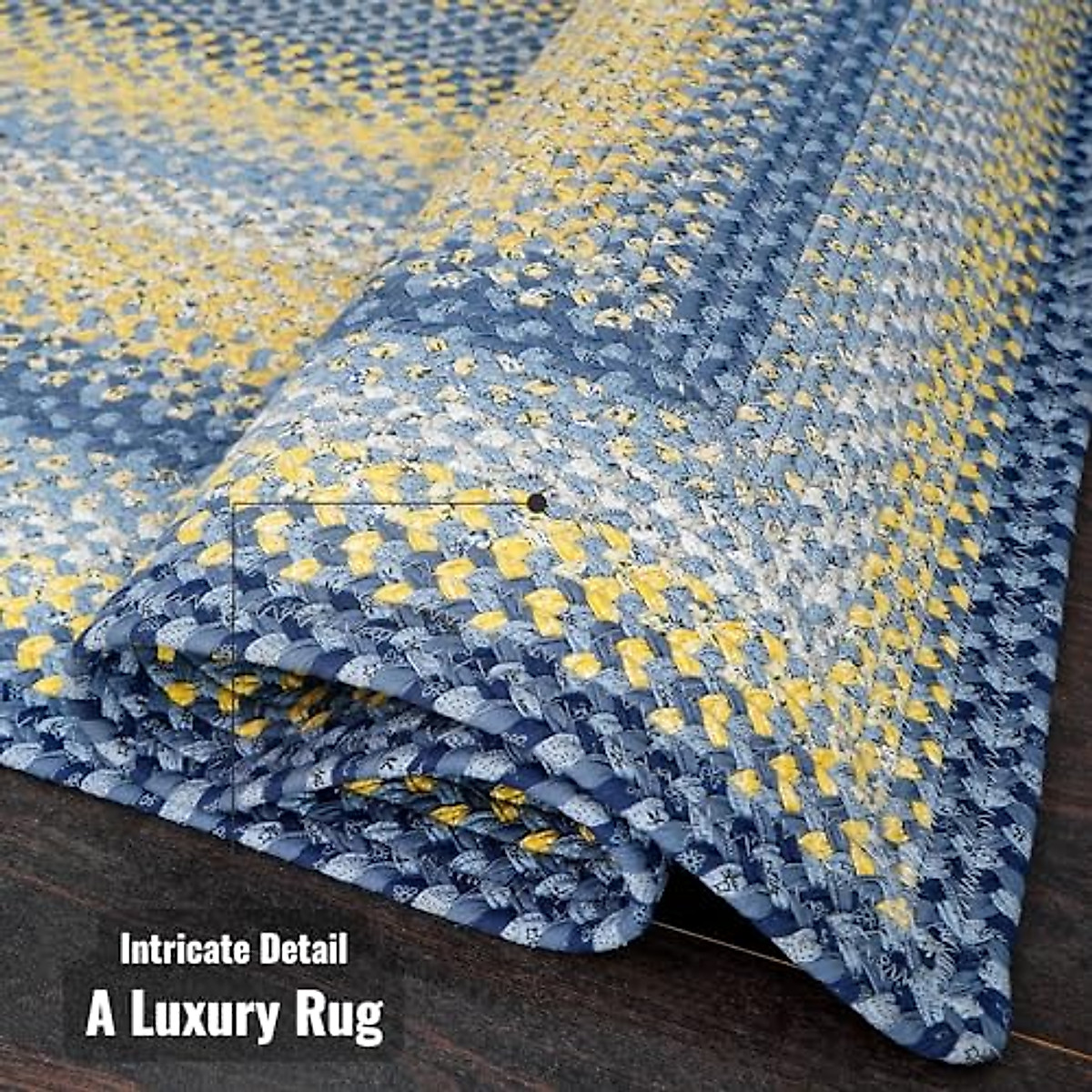 Homespice - Sunflowers Luxury Braided Rug, Perfect as Blue Yellow Bath Rug and Entryway Braided Rugs - Premium Printed Fabric, Soft, Reversible, and Flat - Oval Cotton Braided Rug, 27x45 Inches