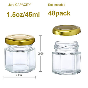 Mcupper 48 Pack 1.5oz Hexagon Glass Jars with Gold Lids, Mini Honey Jars, Small Spice Jars, Jam Jars for Gifts and Wedding Favors