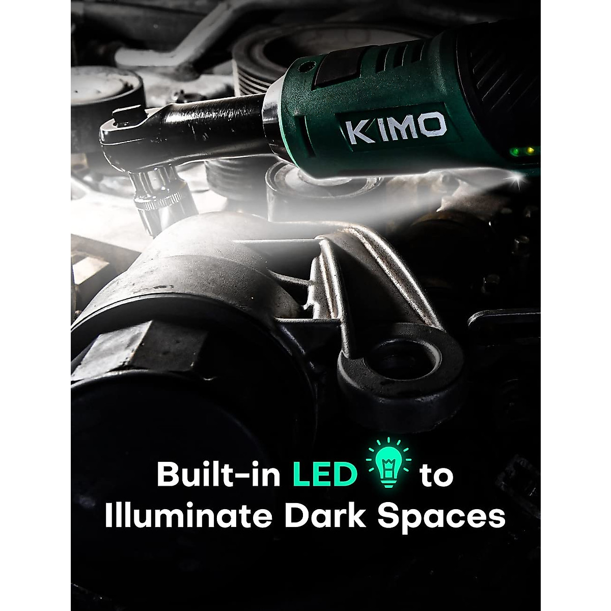 KIMO 3/8" Extended Electric Ratchet Wrench Set, 40 Ft-Lbs 400 Rpm 12V Cordless Wrench w/ 2-Pack 2.0 Ah Batteries, 1 Hour Fast Charger & 8 Sockets, Power Ratchet w/Variable Speed & LED Light