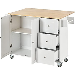 OPTOUGH Rolling Mobile Kitchen Island with Locking Wheels,Storage Cabinet and Drop Leaf Breakfast Bar, Kitchen Cart for Home w/Spice Rack,Towel Rack & Drawer,White