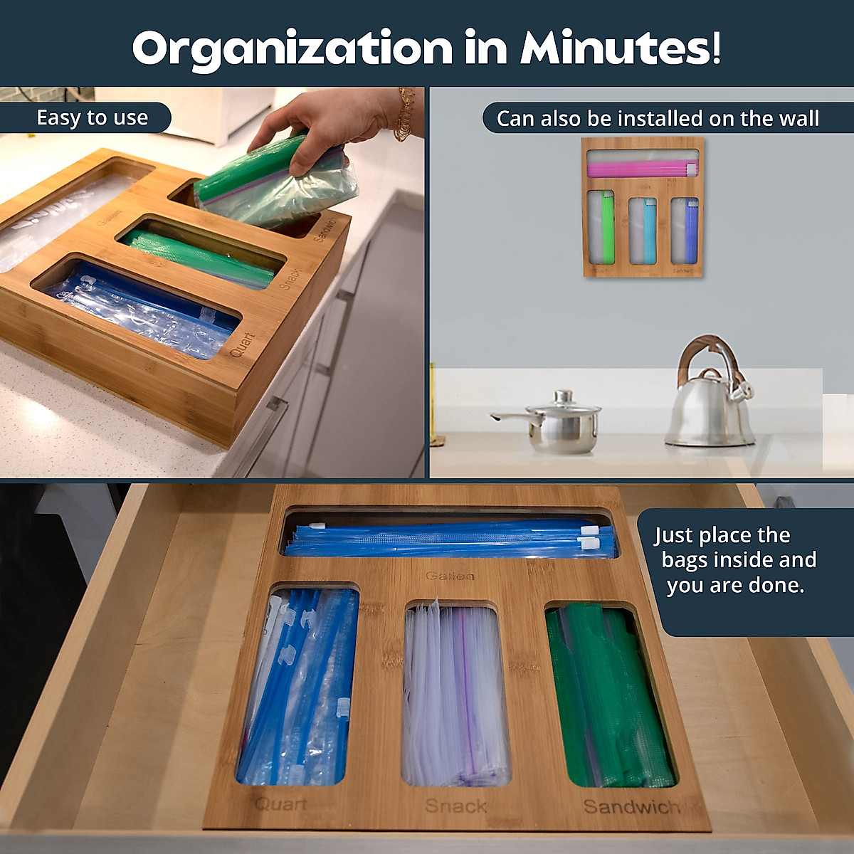 Bamboo Ziplock Bag Organizer for Drawer with Larger Quarts Slots, Easy to use Ziploc Bag Organizer, Ziplock Bag Storage Organizer and Baggie Organizer Compatible with Gallon, Quart, Sandwich, Snack