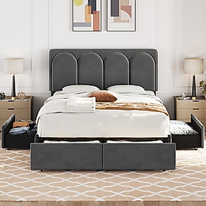 Yaheetech Queen Bed Frame Upholstered Platform Bed with 4 Drawers Storage and Adjustable Headboard,Arch Channel Tufted Headboard,Sturdy Wood Slat Support,No Box Spring Needed,Dark Gray Queen Bed