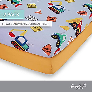 Everyday Kids 2 Pack Fitted Boys Crib Sheet, 100% Soft Breathable Microfiber Baby Sheet, Fits Standard Size Crib Mattress 28in x 52in, Nursery Sheet - Construction/Gold