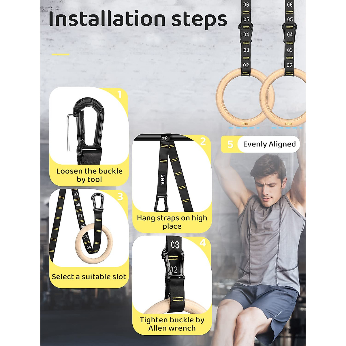 GHB Gymnastic Rings Wooden Gym Rings 1.25" Olympic Rings Adjustable Numbered Straps Pull Up Rings Sets for Workout Bodyweight Fitness Training