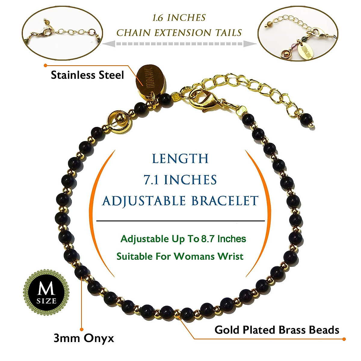 Morchic Black Onyx Agate Natural Gemstone Adjustable Bracelet for Women, 3mm Mini Beads Energy Gem Charm Jewelry, Birthday Gift 7.1"