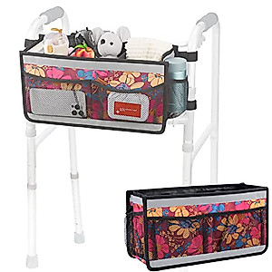 supregear Walker Basket, Large Capacity Walker Organizer Bag with 4 Mesh Pockets and Reflective Stripe Hook & Loop Design Storage Bag for Walker Carry Accessories, Floral