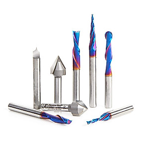 Amana Tool AMS-177-K 8-Pc CNC Router Bit Collection Featuring V-Grooves Point Roundover and Multi-Purpose Spektra Bits 1/4 Shank in Wooden Box