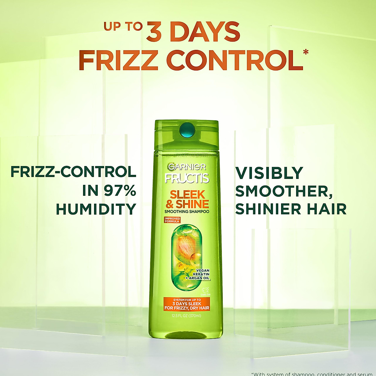 Garnier Fructis Sleek & Shine Full + Travel Size Shampoo (12.5 & 3 Fl Oz) + Conditioner (12 & 3 Fl Oz) Set for Frizzy, Dry Hair, Plant Keratin + Argan Oil (4 Items), 1 Kit (Packaging May Vary)