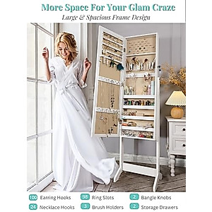 LUXFURNI LED Light Jewelry Cabinet Standing Full Screen Mirror Makeup Lockable Armoire, Large Cosmetic Storage Organizer w/Brush Holder (White)