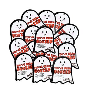 You’ve Been Boozed Ghost Shape Bottle Tags 3.5” x 3” | 30 pk | Booed Halloween Game for Mini Bottle, Wine Bottle, Neighbor and Work Friendly Adult Game