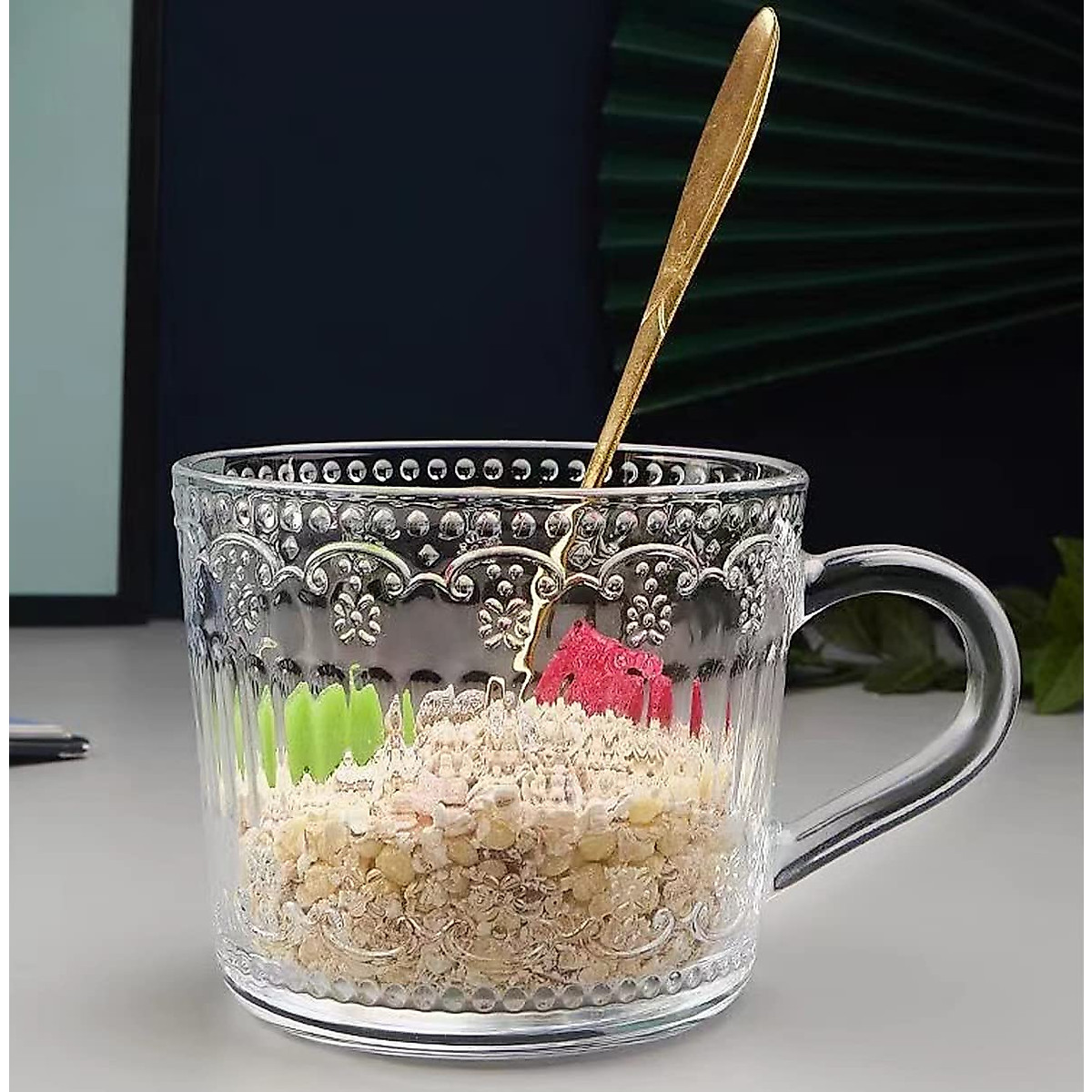 DONYU 2 Pack 14.5 oz Glass Coffee Mug with Lid,Premium Drinking Glasses Tumblers, Vintage Glassware Set for coffee, Juice, Beverages (Clear)