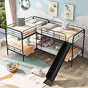 Tulib Twin Size L-Shaped Bunk Bed with Slide, Metal Bunkbed Frame w/Ladder & Safety Guardrail for 4, Bedroom, Home, No Spring Box Needed, Black