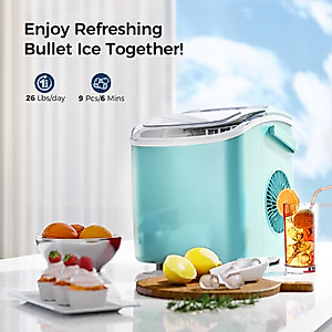 AGLUCKY Ice Makers Countertop,Portable Ice Maker Machine with Handle,Self-Cleaning Ice Maker, 26Lbs/24H, 9 Ice Cubes Ready in 8 Mins, for Home/Office/Kitchen (Green)