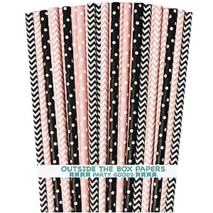 Outside the Box Papers Pink and Black Chevron and Polka Dot Paper Straws 7.75 Inches 100 Pack Pink, Black, White