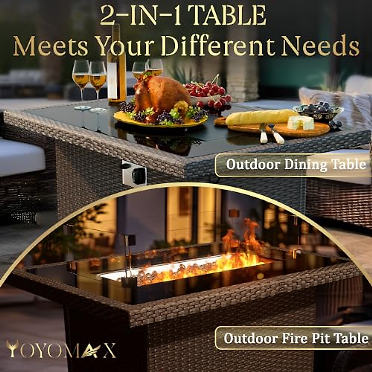 Yoyomax 44-Inch Black Glass Top Firepit Table 60,000 BTU Flame, Hand Weave Rattan, Aluminum Frame, Wind Guard, Waterproof Cover & Fire Beads, Outdoor Fire Table for Patio, Garden, Resto Hotel