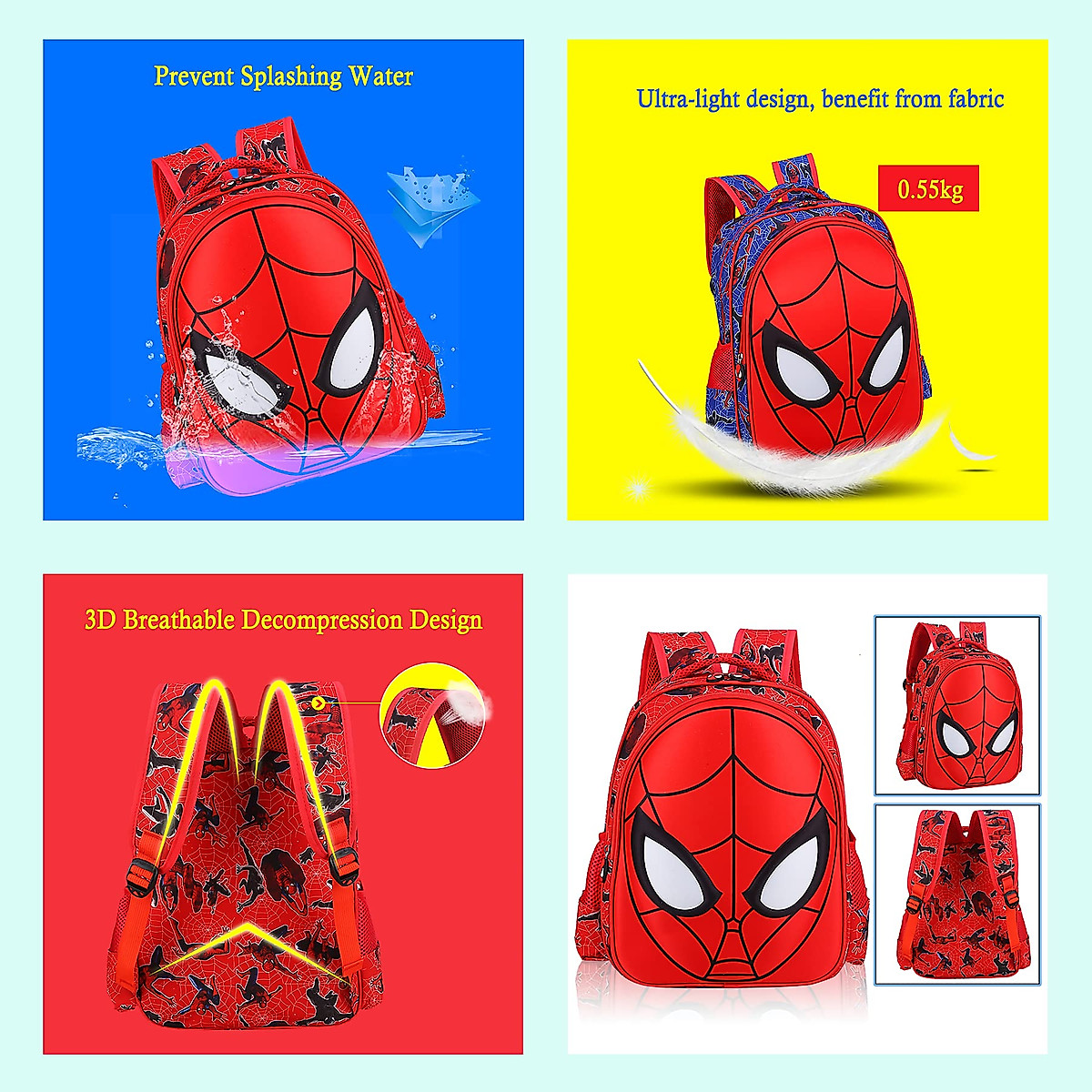 2Pcs Backpacks, 3D Printed Cute Cartoon Bags, Durable Waterproof Travel Daypack 14 Inches Red