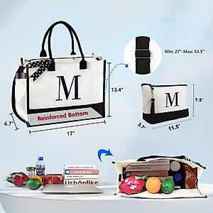 BeeGreen Gifts for Coworkers Mom Personalized Tote Bag Initial Canvas Tote Embroidery Bag Unique Monogram Gift Basket with Makeup Bag & Zipper Pouch for Office Teacher Hostess Sister A