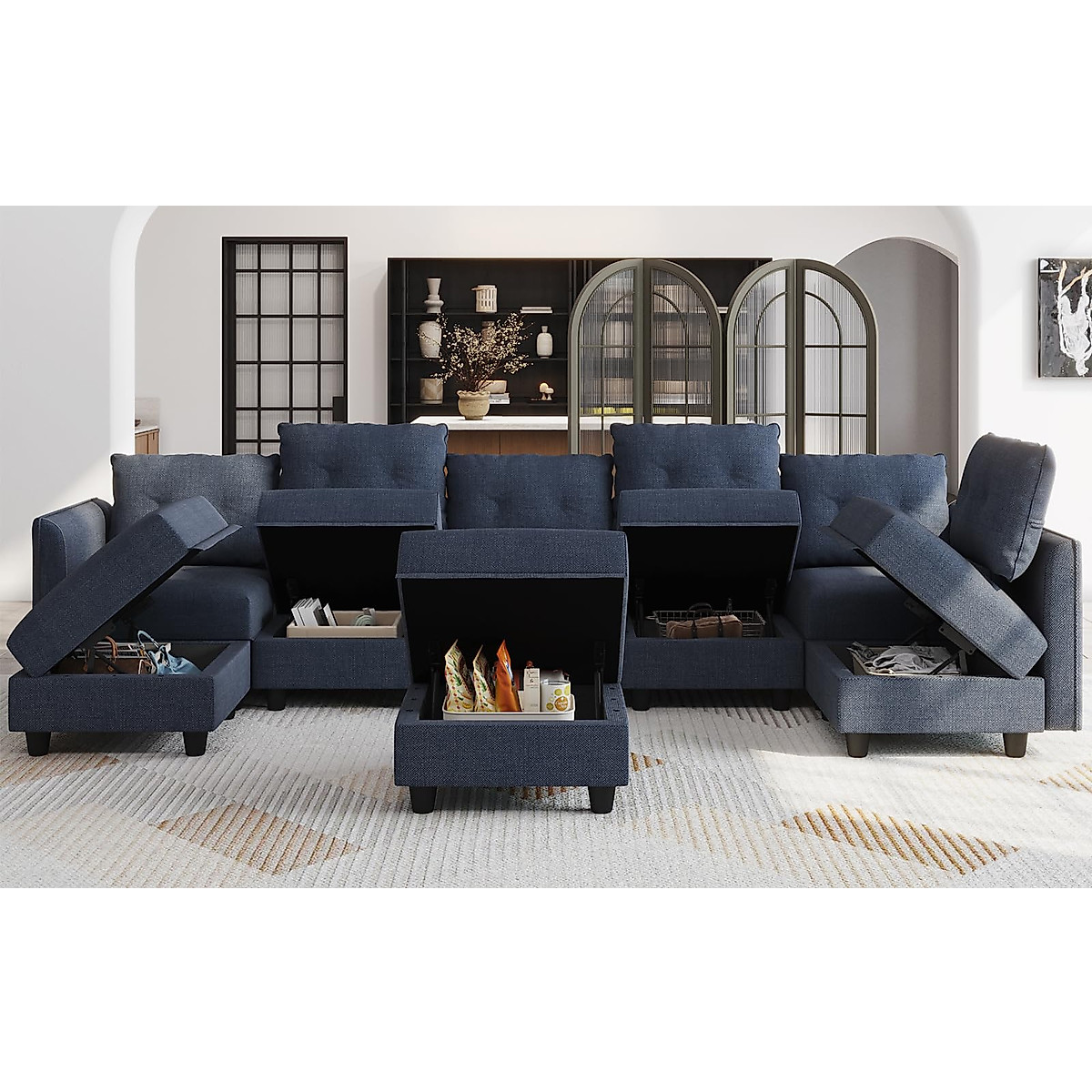 LLappuil Modular Sectional Sofa with Chaise, 8 Seater Reversible L Shaped U Shape Sectional Couch with Storage, Denim Blue