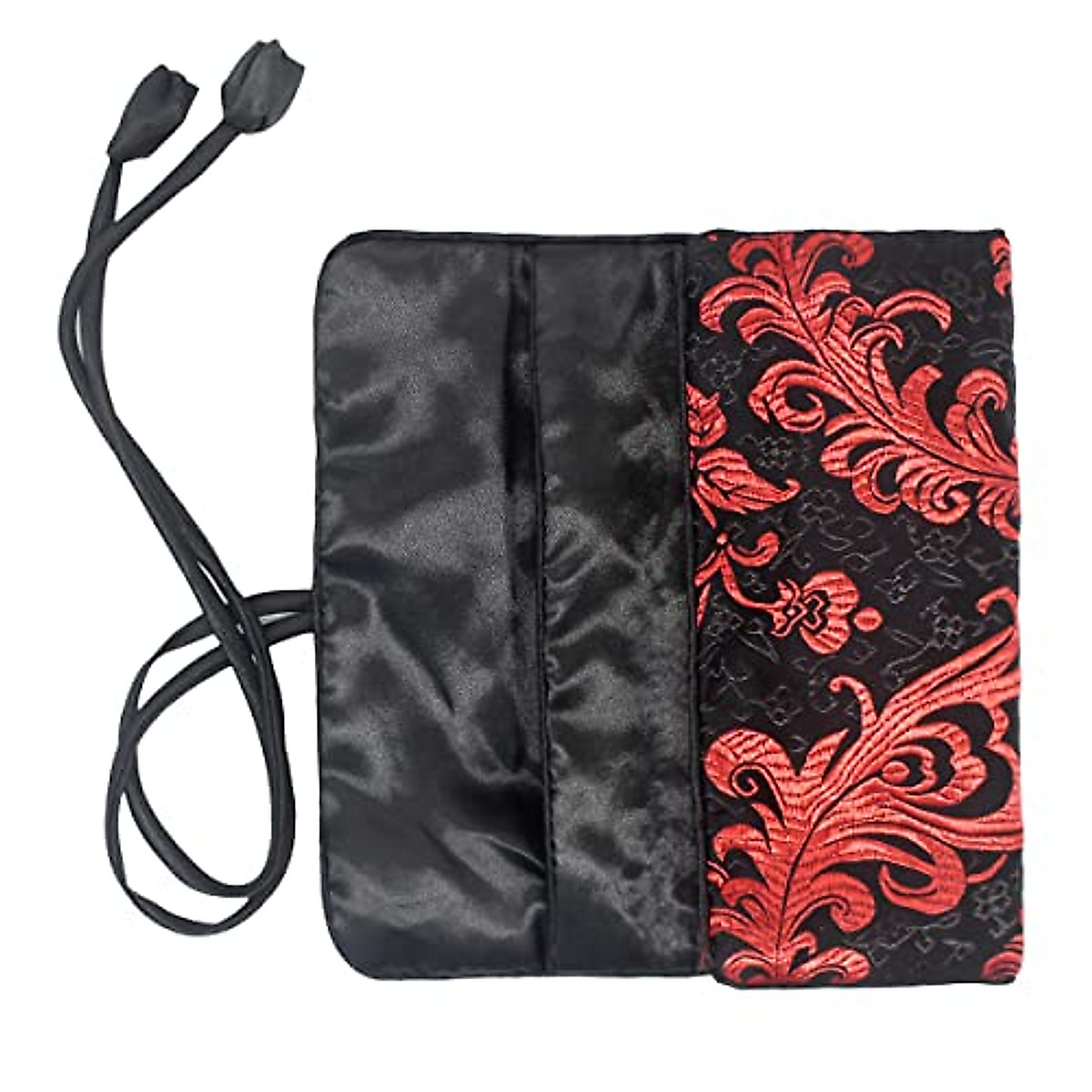 Wei Long Jewelry Roll,Travel Jewelry Roll Bag,Silk Embroidery Brocade Jewelry Organizer Case with Tie Close,(Golden Flower,Black)