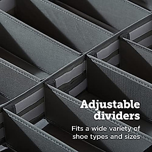 Low Profile Under Bed Shoe Storage Organizer, 4.5'' Tall and Fits Beds 5'' Off the Floor, Adjustable Dividers, Underbed Shoe Storage Solution - Set of 2 (Dark Grey)