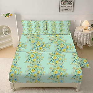 VTKON Green Queen Floral Sheets for Girls Women Adults Botanical Sheets Soft Microfiber Cute Floral Sheets Set for Room Decor with 1 Flat Sheet+ 1 Fitted Sheet+ 2 Pillowcases