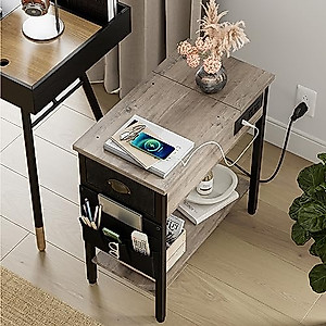 23 "End Table with Charging Station- Flip Top Narrow Side Tables With Storage Drawers/USB Ports/Outlets Sofa Couch Bedside Table Night Stand Furniture for Living Room Bedroom Office Small Spaces
