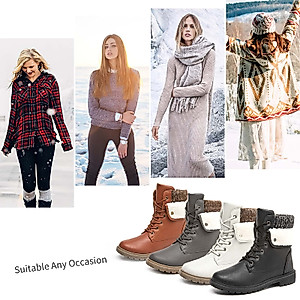 hash bubbie Women's Waterproof Winter Boots Black Combat Boots Mid Calf Snow Boots PU Leather Boots Lace up Fur Lined Ankle Booties（Black.US9）