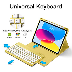 LeiJue Keyboard Case with Pencil Holder for iPad 10th Generation 2022, Pu Leather Stand Cover with Magnetic Detachable Keyboard fit for iPad 10 Gen 10.9 inch (Yellow)