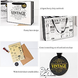 Crisky 50th Birthday Gift Wrap Bag Vintage 1974 with 50th Birthday Card Matching Envelope Sticker and Tissue Paper for Women/Men/Wife/Husband/Mom/Dad, 13" x 10" x 5"