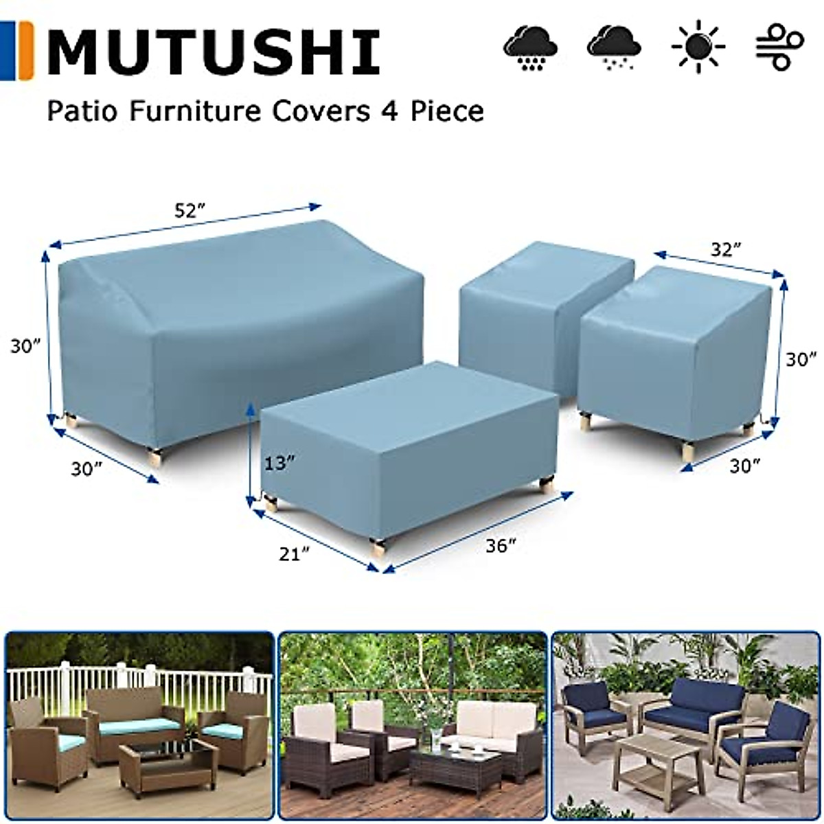 MUTUSHI Patio Furniture Cover Set 4 Piece Outdoor Furniture Cover Waterproof, Thicker Heavy Duty Lawn Outdoor Patio Furniture Set Covers -Twilight Blue