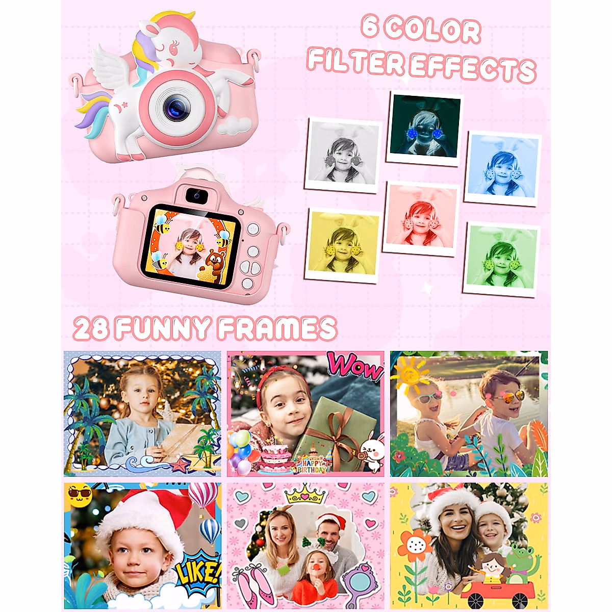 Kids Camera -Kids Camera for Girls,Christmas Birthday Gifts for Girls Portable Toy for 3 4 5 6 7 8 9 Year Old Girl Selfie 1080P HD Video Camera with 32GB Card -Pink