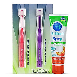 Growing Kids Oral Care Kit by Brilliant Oral Care- Set has Brilliant Child Toothbrush, Kids Toothbrush & 2oz Spry Strawberry-Banana Flavor Tooth Gel, Dental Care for 2 Years Old and Up, Pink