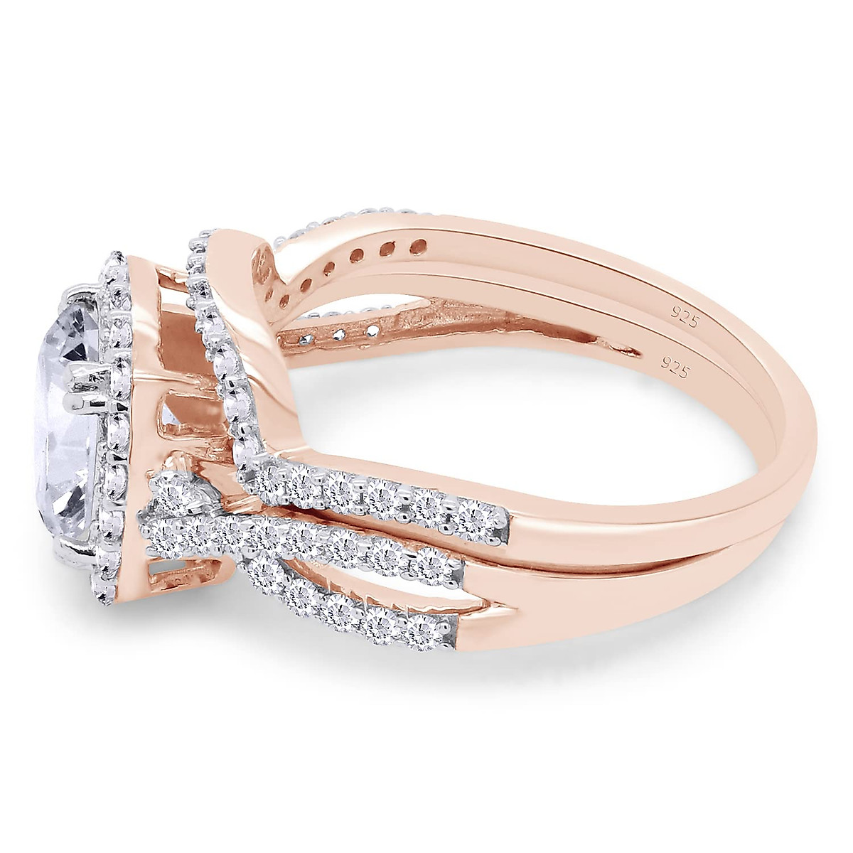 SAVEARTH DIAMONDS 14K Rose Gold Sterling Silver Center 7.5X7.5mm Cushion Cut Synthetic Moissanite Lab Created Diamond Halo Engagement Ring Bridal Set 2 Pieces (2.63 Cttw)-6