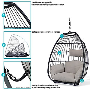 Sunnydaze Oliver Hanging Egg Chair with Seat Cushions - Bohemian Black Resin Wicker Hanging Chair with Collapsible Nylon Rope Back and Gray Polyester Cushions - 48-Inch