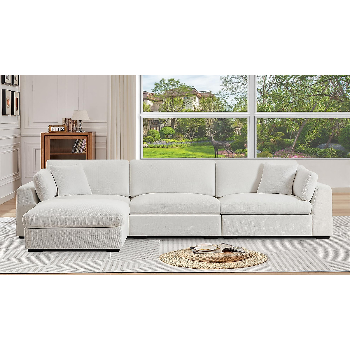 Sectional Sofa Deep Couch with Chaise Modular Sectional Couch with Extra Large Ottoman Corduroy Sectioanl Sofa Sleeper Couch for Living Room Apartment (White, 3 Seater with Ottoman)