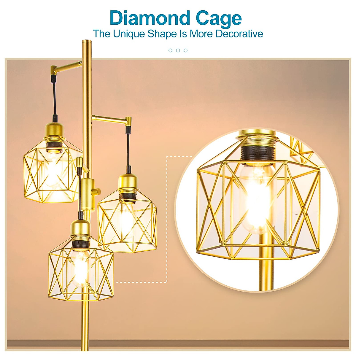 Lightdot 68IN Dimmable (Brightness Adjustable) Floor Lamp Diamond Cage Gold Tree Floor Lamps for Living Room 3000K Warm Soft Brightness LED Standing Lamp - E26 LED Bulb Included