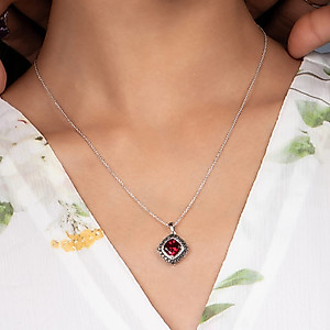 Jewelili Sterling Silver Pendant Necklace with 8mm Cushion Shape Created Ruby and Treated Black and Natural White Round Diamonds, 18" Rolo Chain