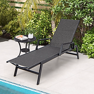 Tangkula Outdoor Rattan Chaise Lounge, Woven PE Wicker Reclining Chair with Armrests & 5-Position Backrest, Heavy-Duty Metal Frame, Patio Recliner Lounge for Porch, Backyard (1, Brown)